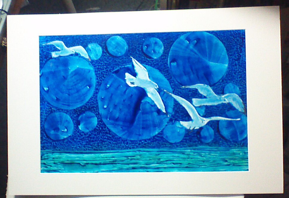 Original Mixed Media Painting Seagulls Flying on a Surrealistic ...