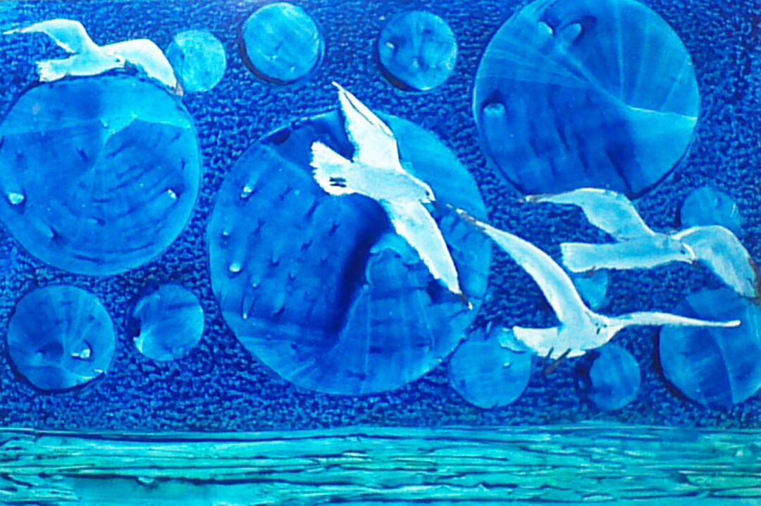 Original Mixed Media Painting Seagulls Flying on a Surrealistic ...