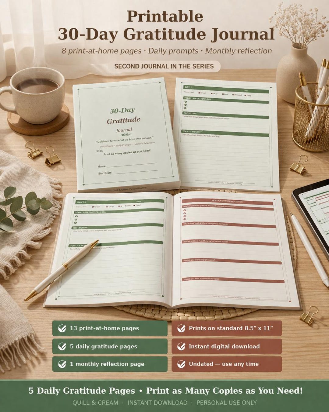 Gratitude Journal Printable | 30-day Gratitude Log | Daily Mood Tracker ...
