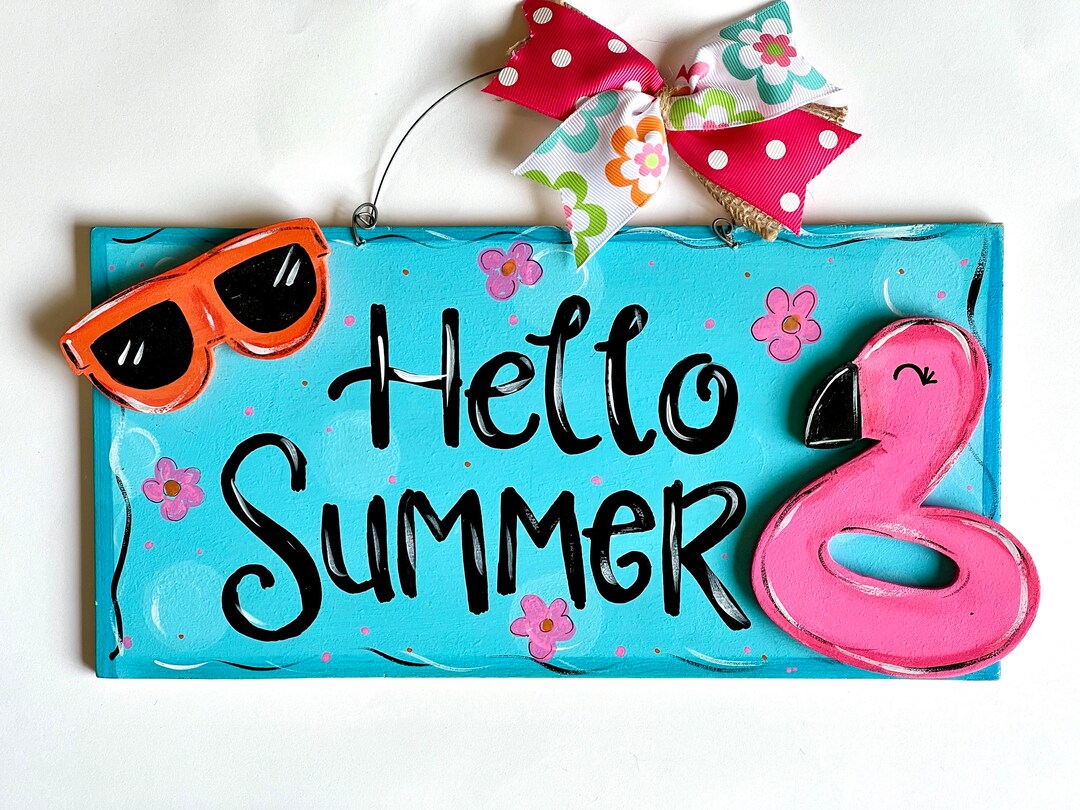 Hello Summer Door Hanger POOL SIGN Flamingo Sunglasses Summer Decor ...