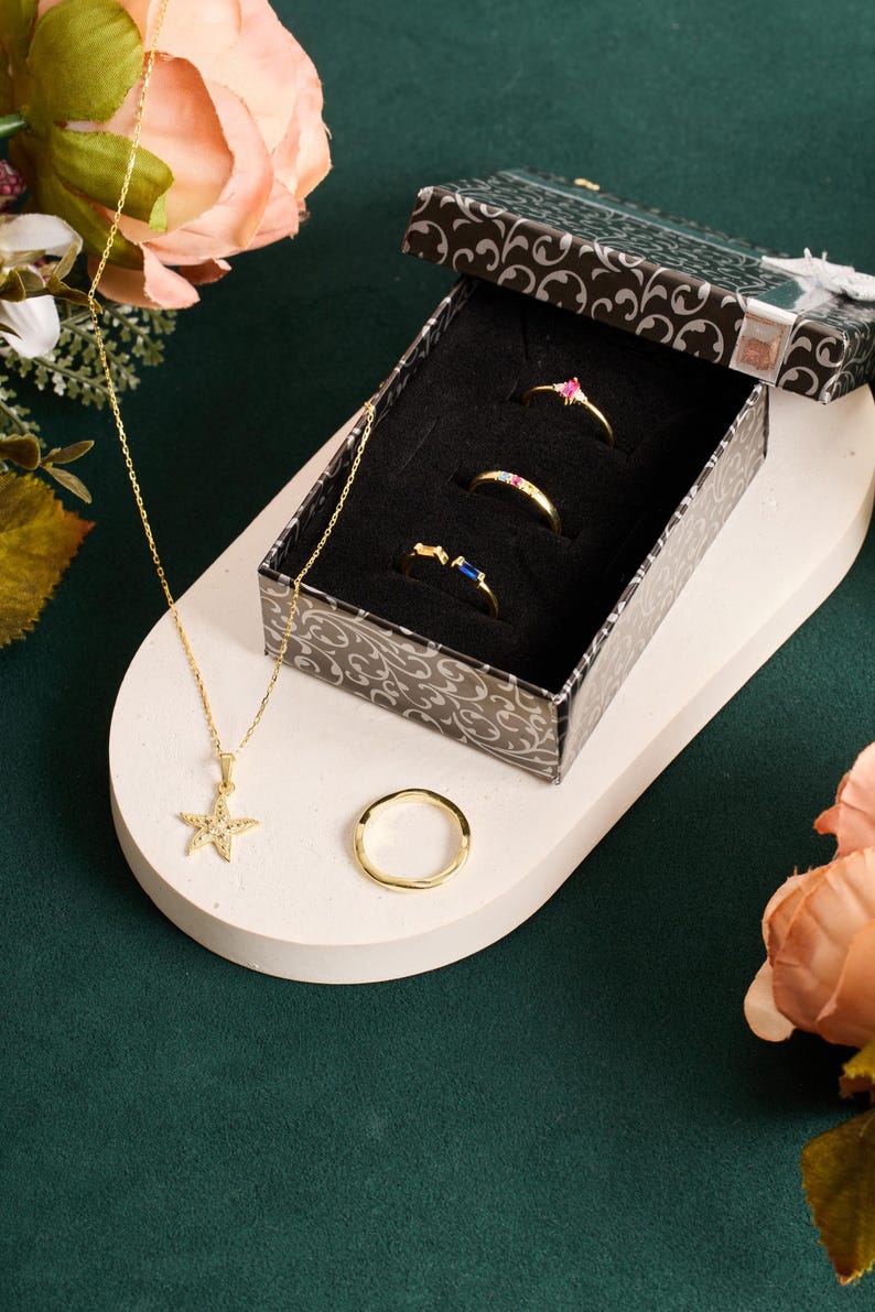 14K Solid Gold Birthstone Ring, Personalized Multi Stone Ring, Dainty ...