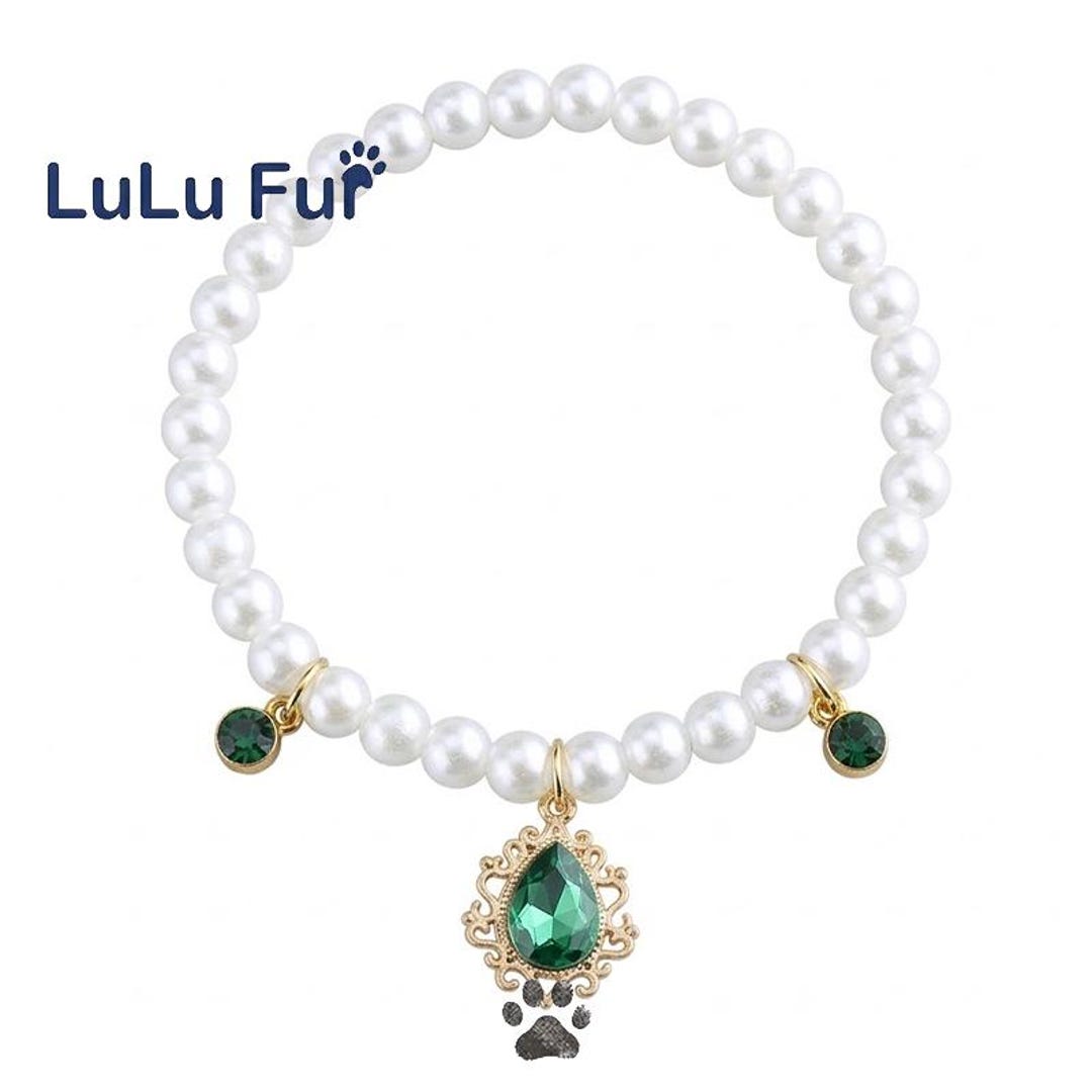 Pearl Cat Collar With Emerald Gem, Luxury Pet Necklace for Small Dogs ...