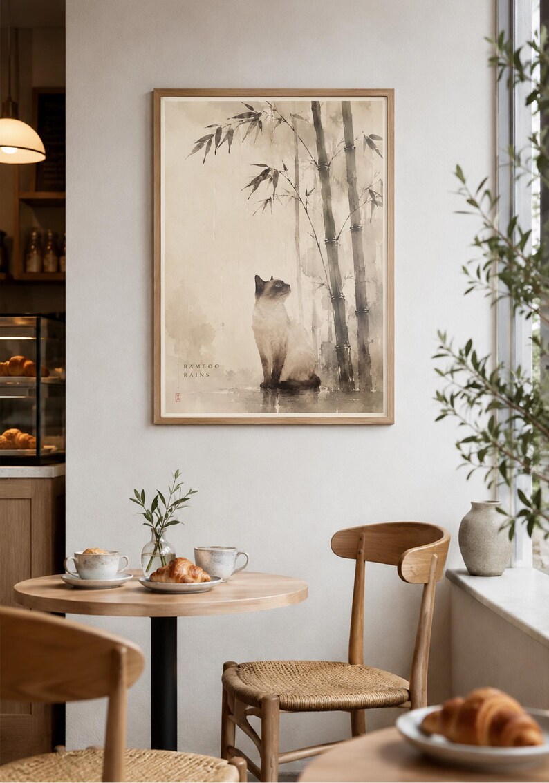 Bamboo Cat Print, Japanese Ink Wash Animal Art, Siamese Cat Poster ...