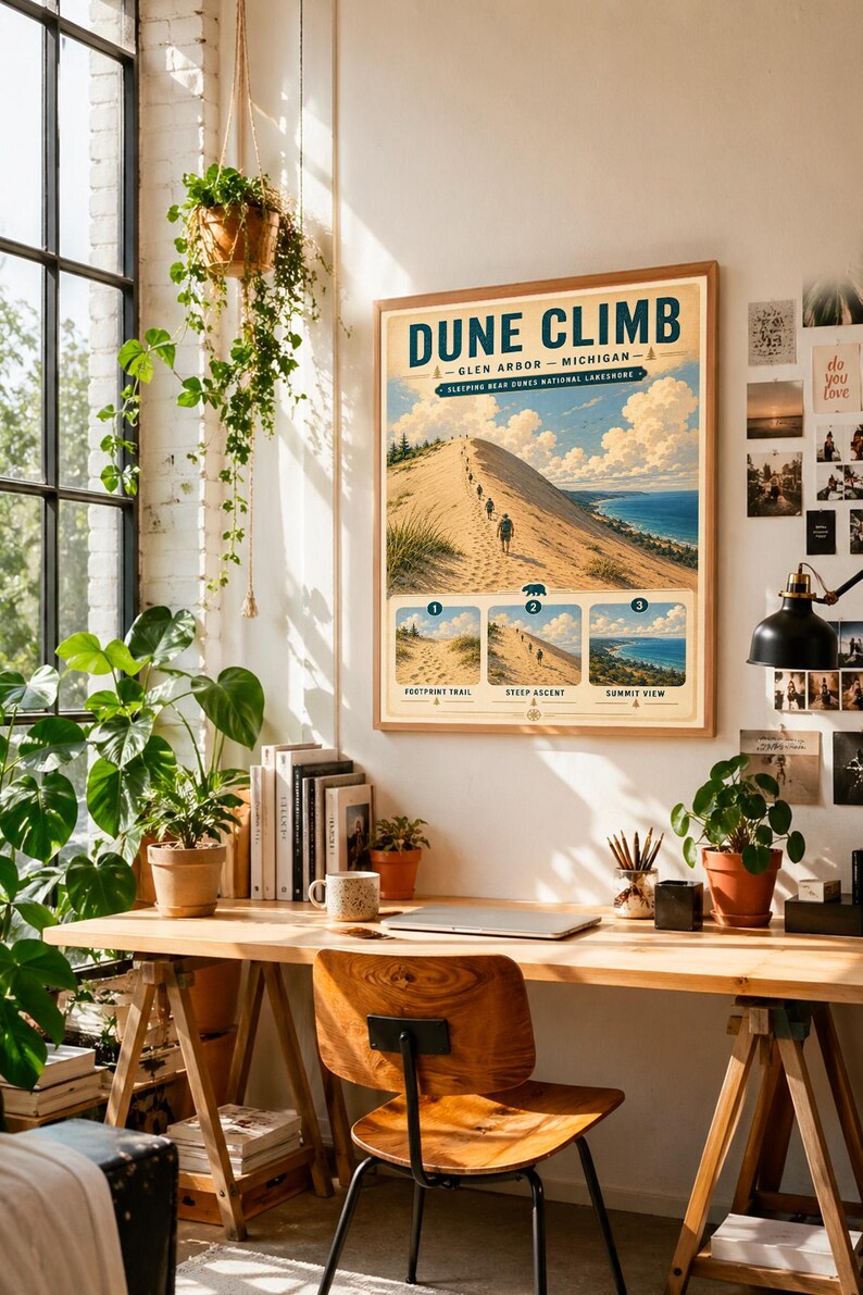Dune Climb Poster, Vintage Lakeshore Travel Print, Beach Dunes Wall Art ...