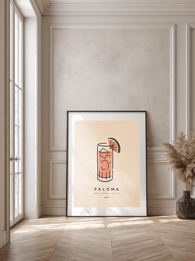 Paloma Cocktail Print, Minimal Drink Poster, Pink Home Bar Wall Art ...