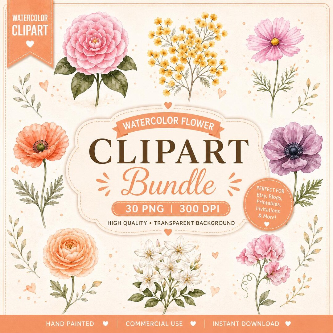Watercolor Flower Clipart Bundle, Botanical Wildflower PNG (digital ...
