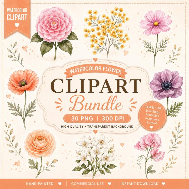 Watercolor Flower Clipart Bundle, Botanical Wildflower PNG (digital ...