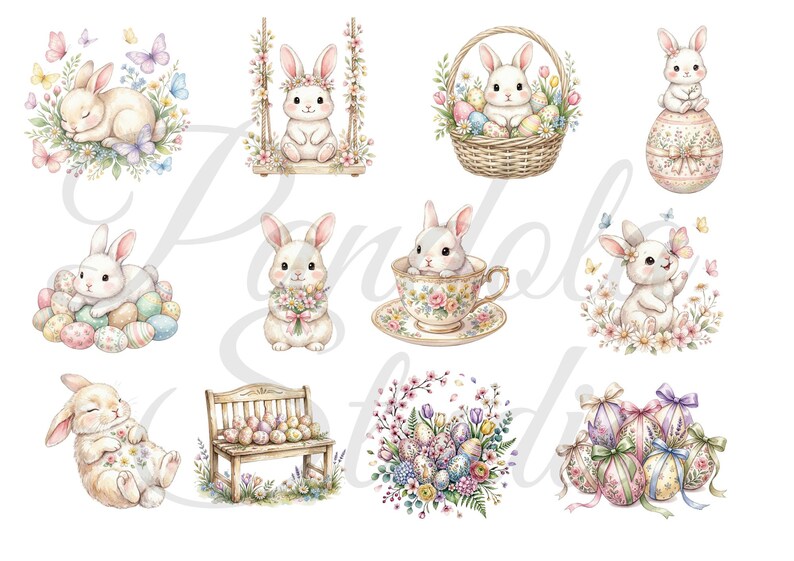 Pastel Easter Bunny Watercolor Clipart Bundle, Spring PNG Elements ...