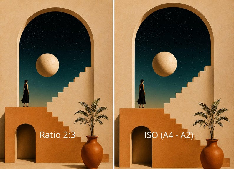 Pôster surreal de escadaria com lua celestial, minimalista, arquitetura ...
