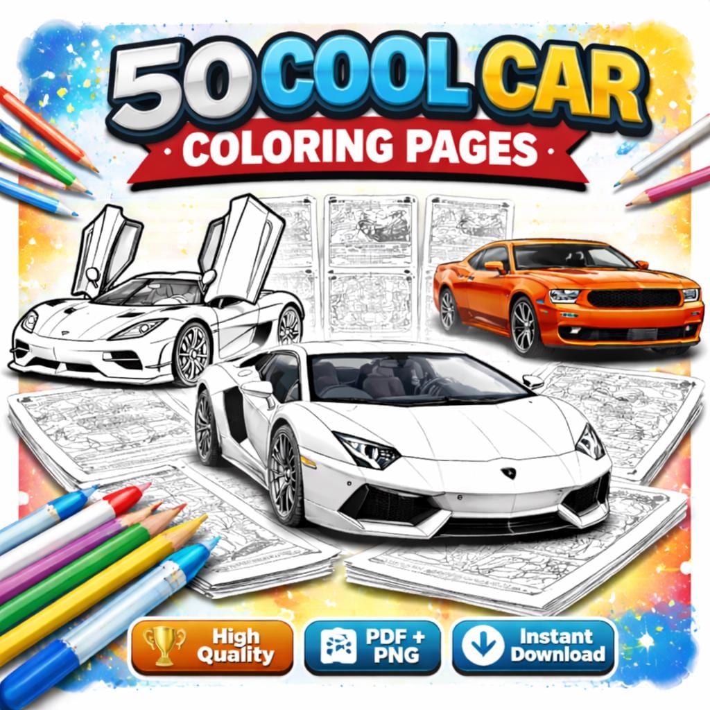 Car Coloring Book | Supercars & Sports Cars, Printable JPG (digital ...