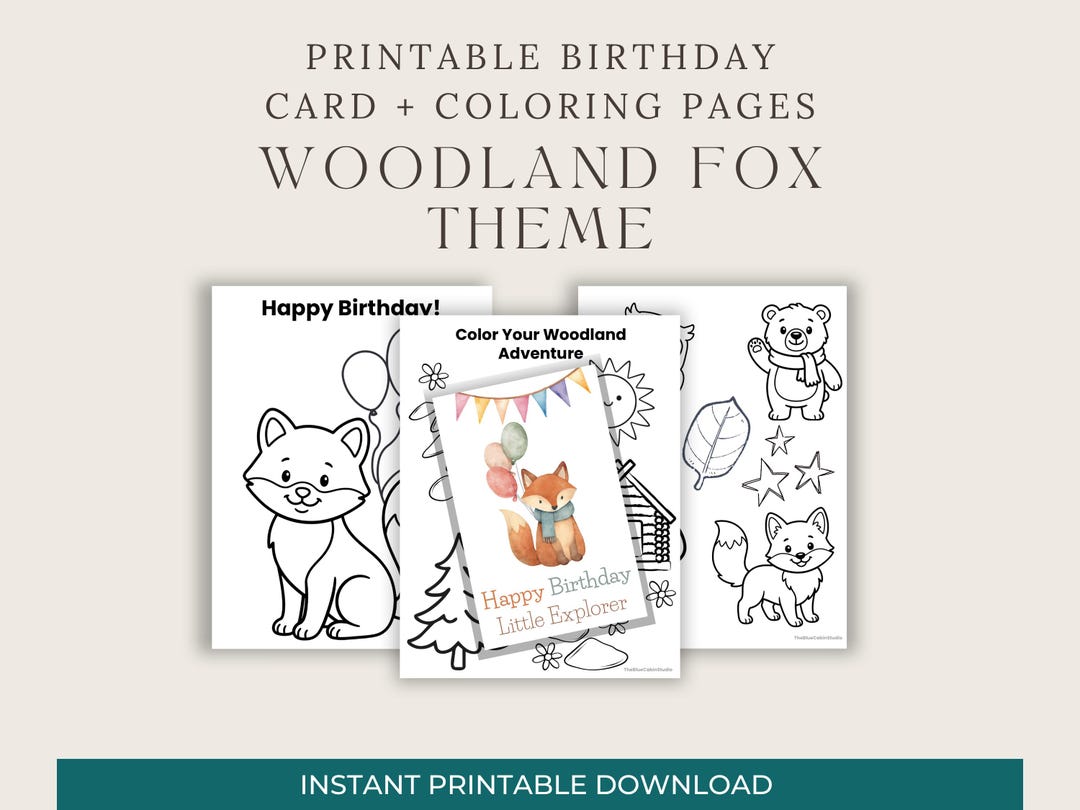 Fox Woodland Birthday Card Printable + Coloring Page for Kids | Forest ...