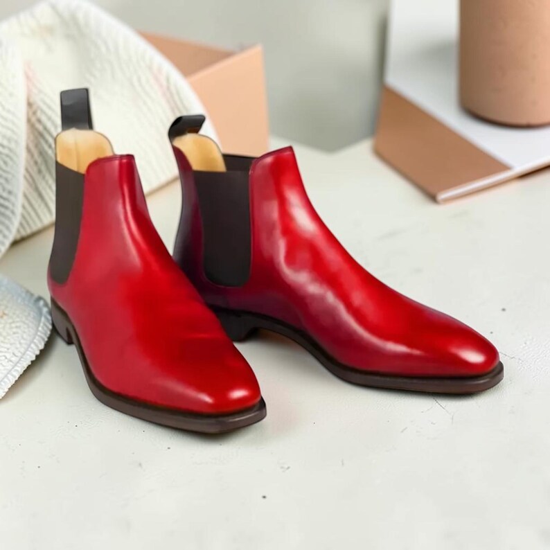 Men's Red Leather Chelsea Boots, Handcrafted Smooth Dress Ankle Shoes ...