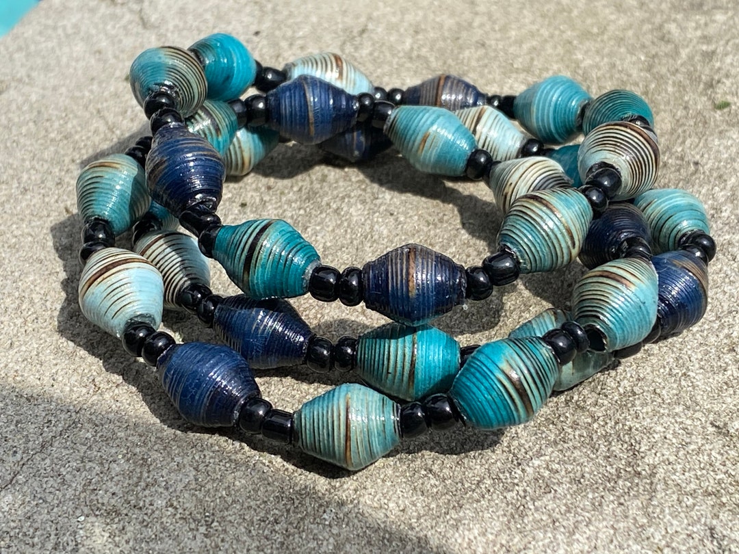 Blue Paper Bead Stretch Bracelet - Etsy