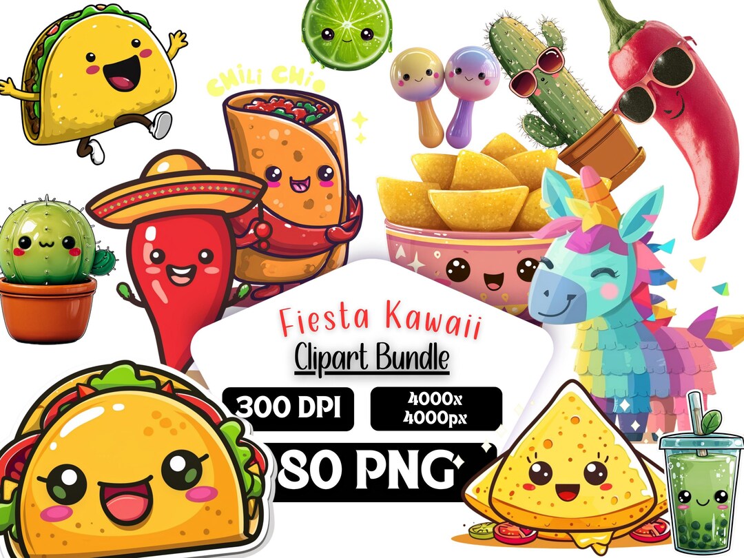 Fiesta Clipart Bundle, Kawaii Food Characters (taco, Burrito, Cactus ...