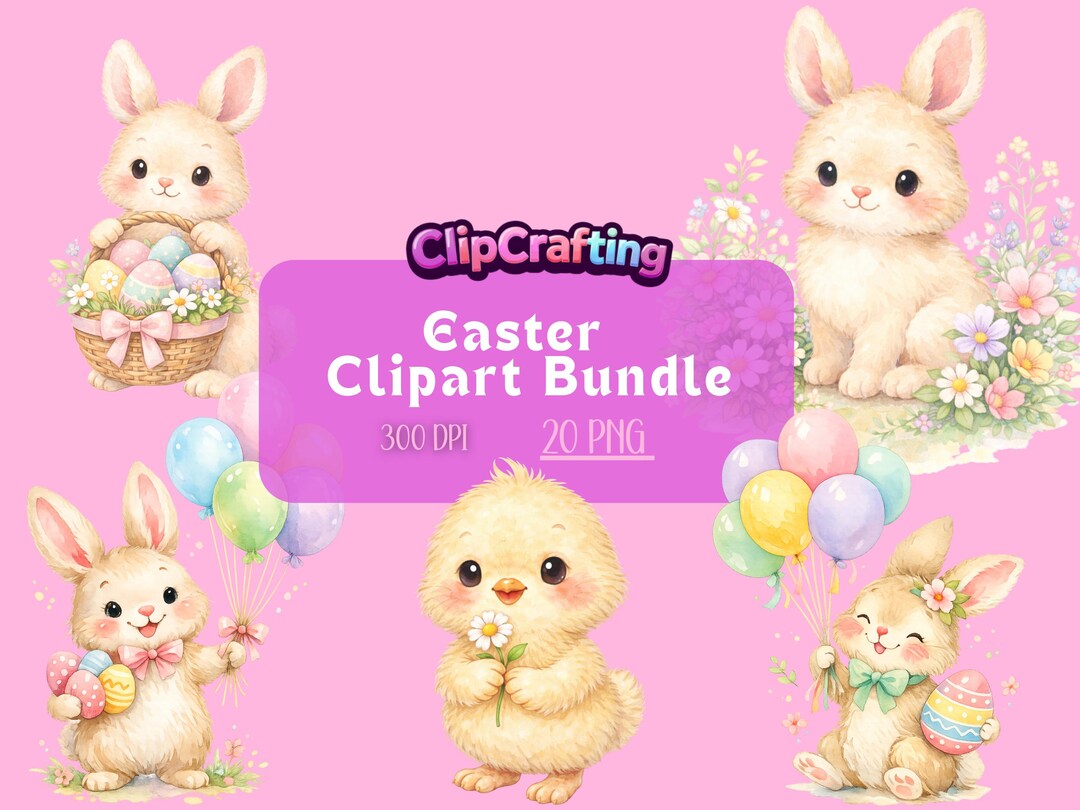 Watercolor Easter Bunny Clipart Bundle, Pastel Spring Animals PNG ...