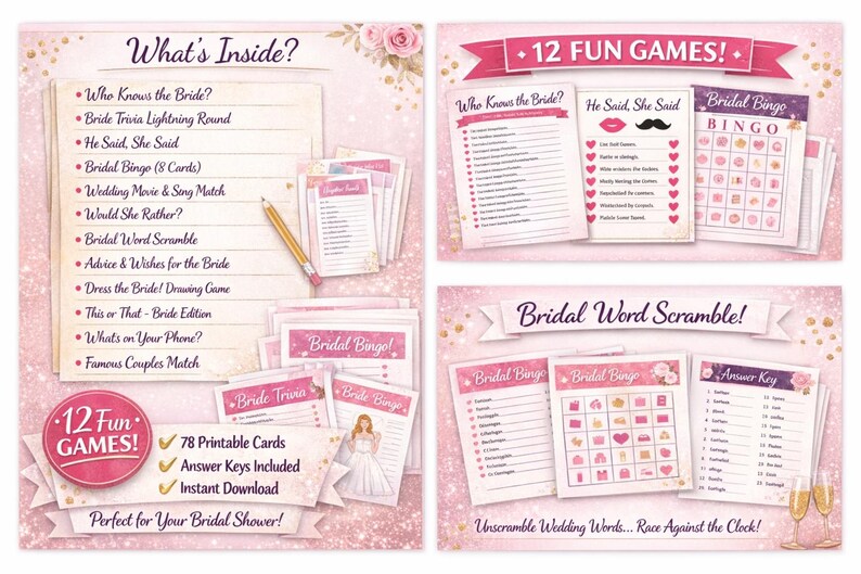 Bridal Shower Game Bundle, 12 Printable Party Games (instant Download ...