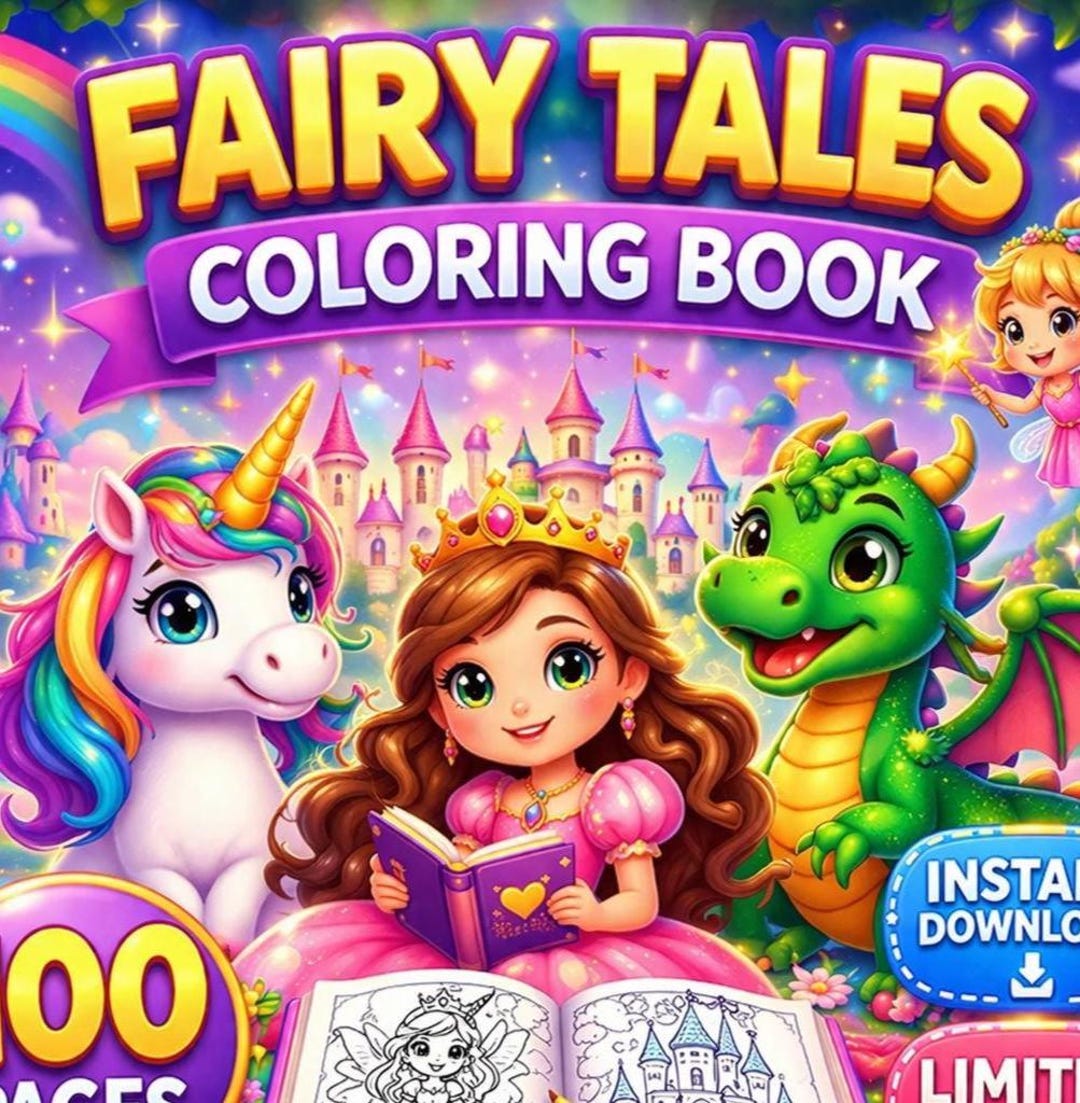 Fairy Tales Coloring Book, Princesses, Unicorns, Dragons (instant ...