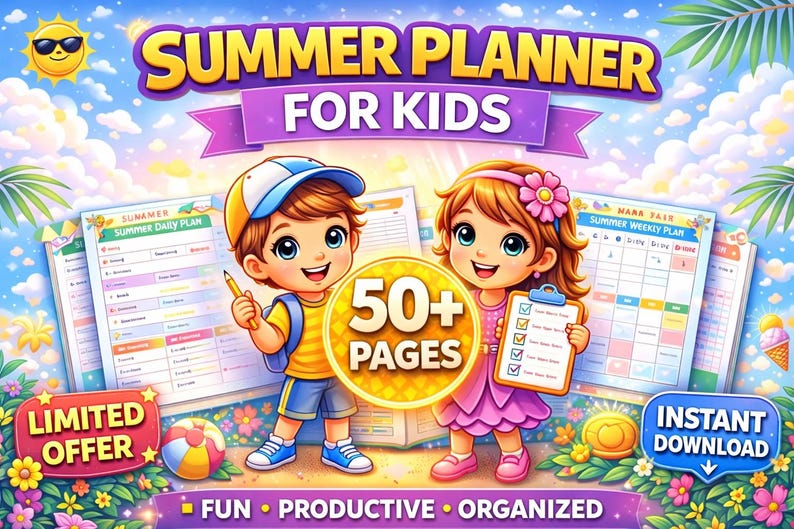 Kids Summer Activity Planner, Daily Routine, Budget Workbook (digital ...