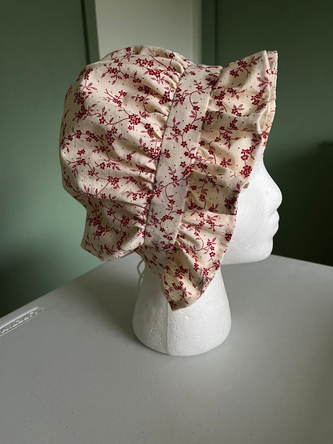 READY TO SHIP Ruffled Dormeuse Cap | Red Vine Floral | Mob Cap | Night ...