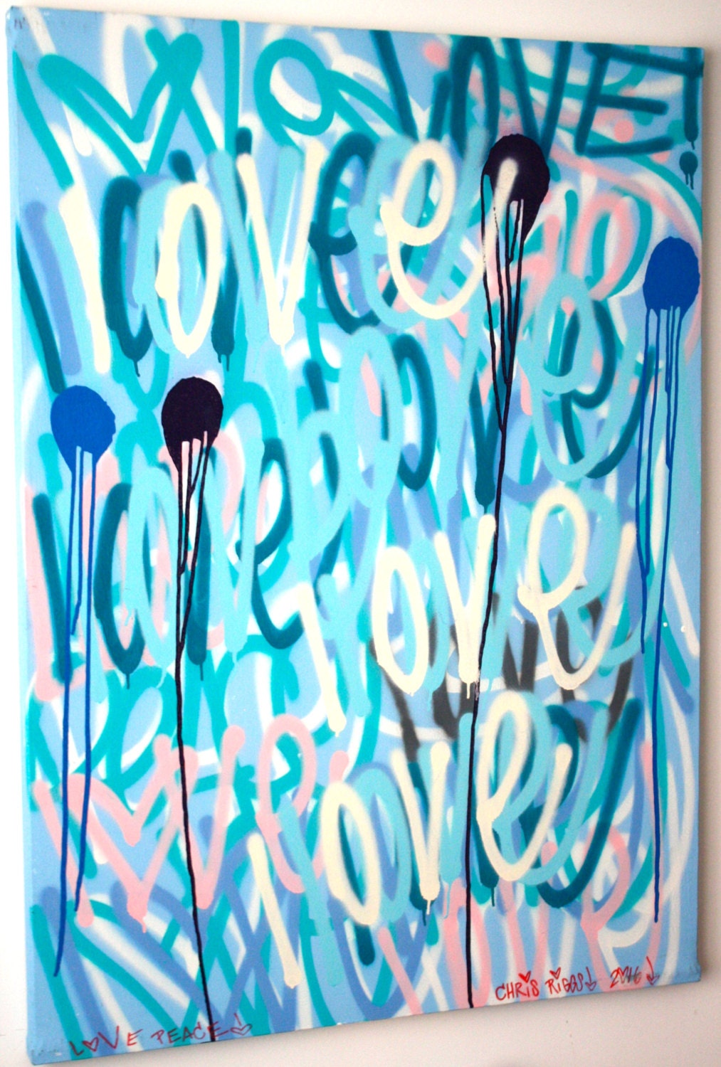 CHRIS RIGGS Original Love Peace Fine Art Painting 36 " X 49 " Pop ...
