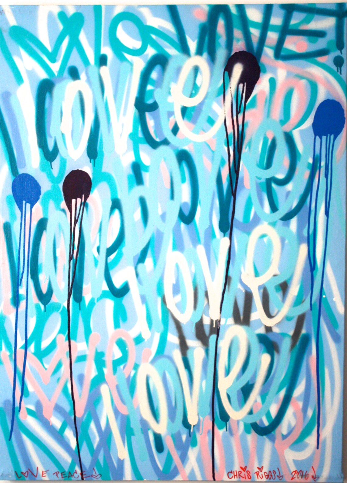 CHRIS RIGGS Original Love Peace Fine Art Painting 36 " X 49 " Pop ...