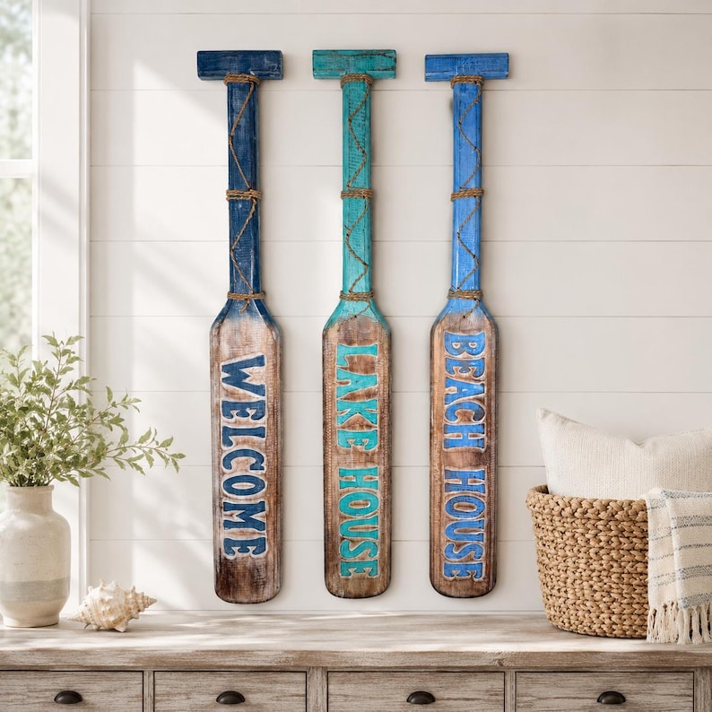 Hand Carved Wooden Oar Wall Decor, 