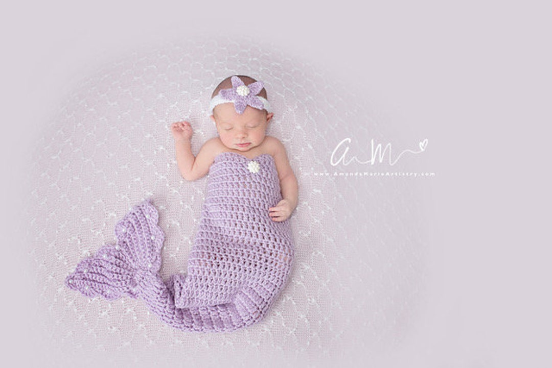 Newborn Girls Mermaid Tail Photography Prop SET, Baby Crocheted Mermaid ...
