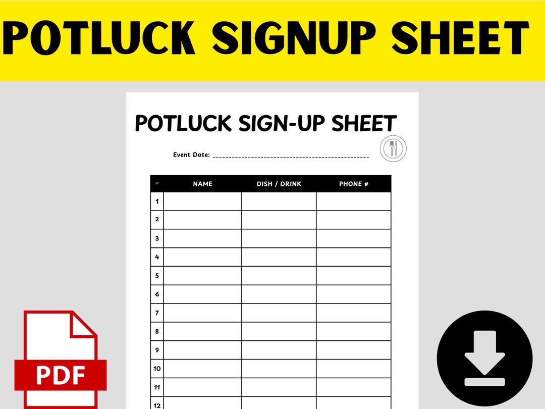 Potluck Sign up Sheet Printable, Thanksgiving Party Signup Form, A4 Us ...