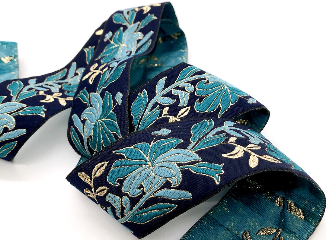 Woven Ribbon 1 1/2 X 2 Yards Navy and Gold Floral Ribbon - Etsy