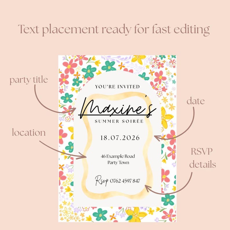 Floral Summer Party Invitation, Hand Drawn Theme, Mobile Invite (5x7in ...