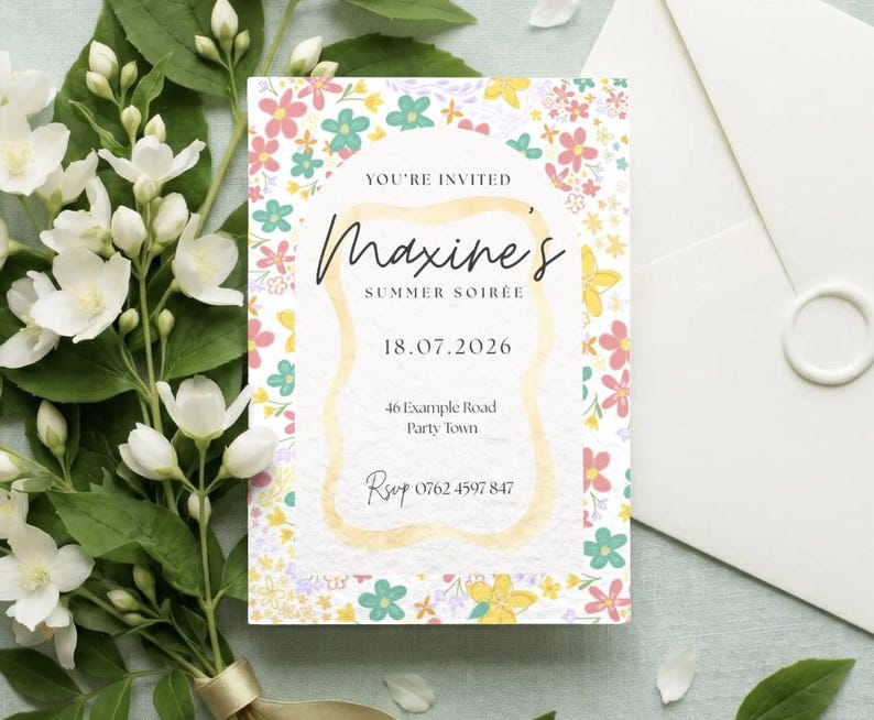 Floral Summer Party Invitation, Hand Drawn Theme, Mobile Invite (5x7in ...