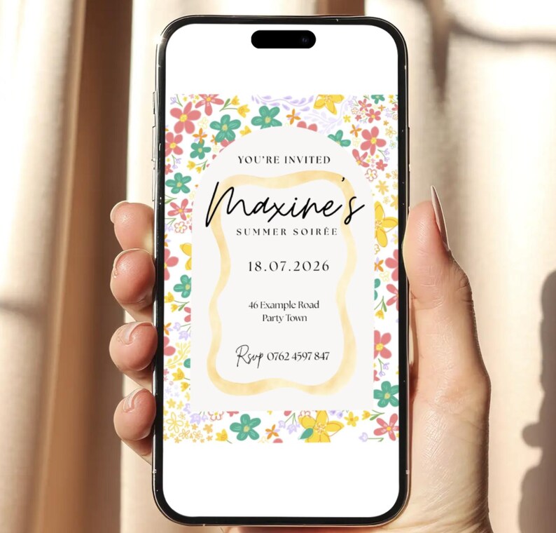 Floral Summer Party Invitation, Hand Drawn Theme, Mobile Invite (5x7in ...