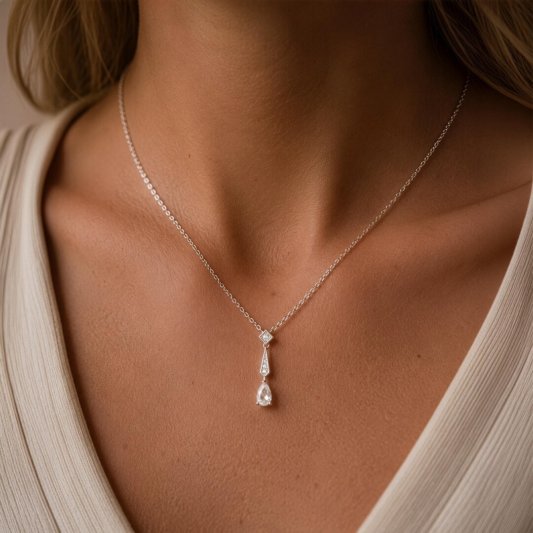 Silver Teardrop Necklace, CZ Crystal Pendant Necklace, Minimalist ...