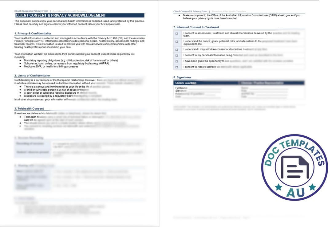 Allied Health Consent & Privacy Form | AHPRA | Editable Word ...