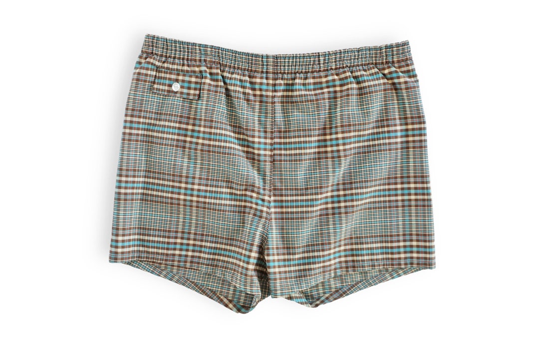 Vintage Plaid Shorts / 60s Swim Shorts / 1960s Blue Brown Plaid Elastic ...