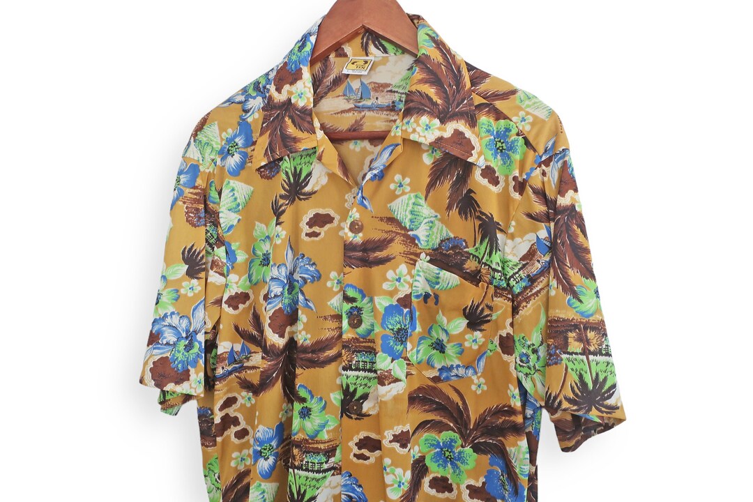 Hang Ten Shirt / Hawaiian Shirt / 1970s Hang Ten Hibiscus Palm Tree ...