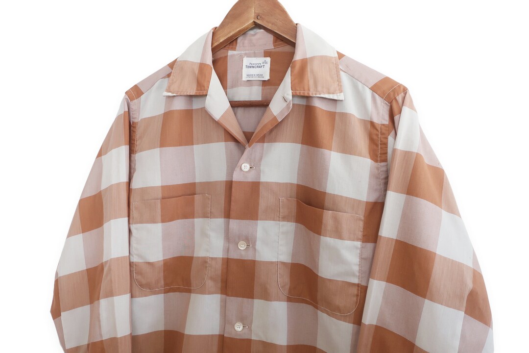 50s Button up / Plaid Shirt / 1950s Towncraft Brown Plaid Lightweight ...