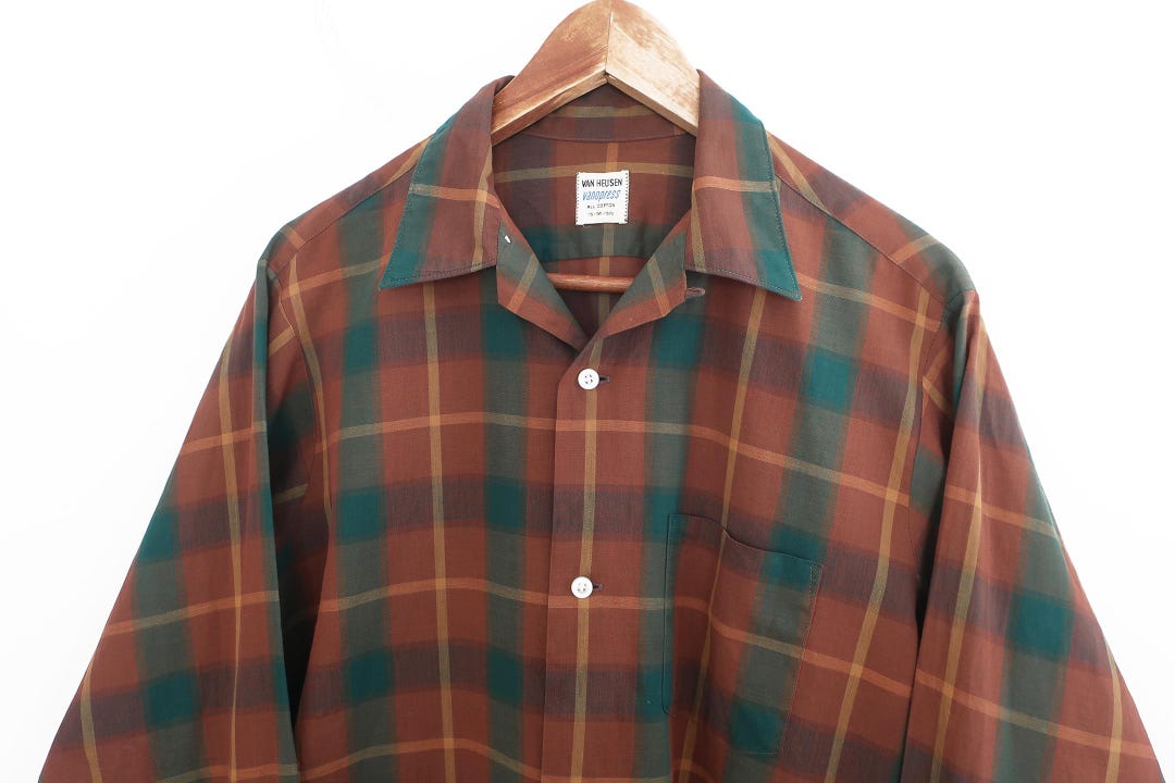 Vintage Button up / 60s Loop Collar / 1960s Brown Green Plaid Cotton Long Sleeve Loop Collar ...