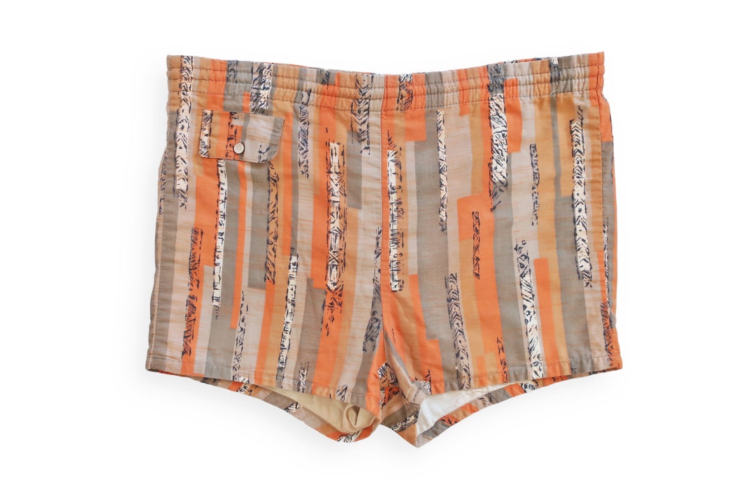 50s Shorts / Vintage Swim Shorts / 1950s Pilgrim Orange Grey Mid ...