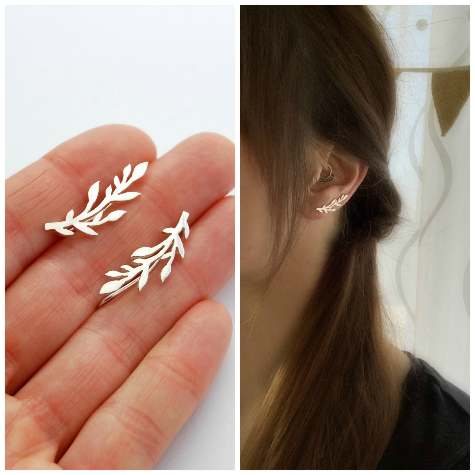 Foliage Ear Climbers Sterling Silver Leaf Earrings Etsy