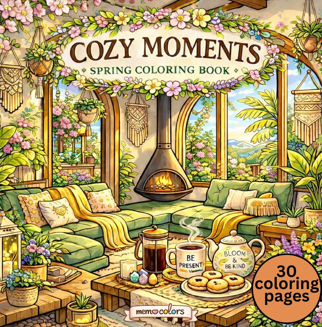 Cozy Coloring Pages Printable, Cute Spring Coloring Book PDF, Bold Easy ...