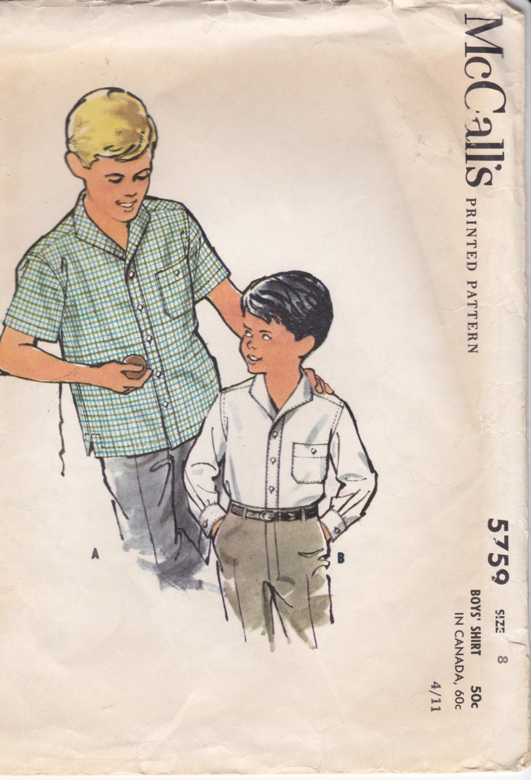 1960s Boys Shirt Sewing Pattern - Mccalls No 5759, Size 8 - Etsy