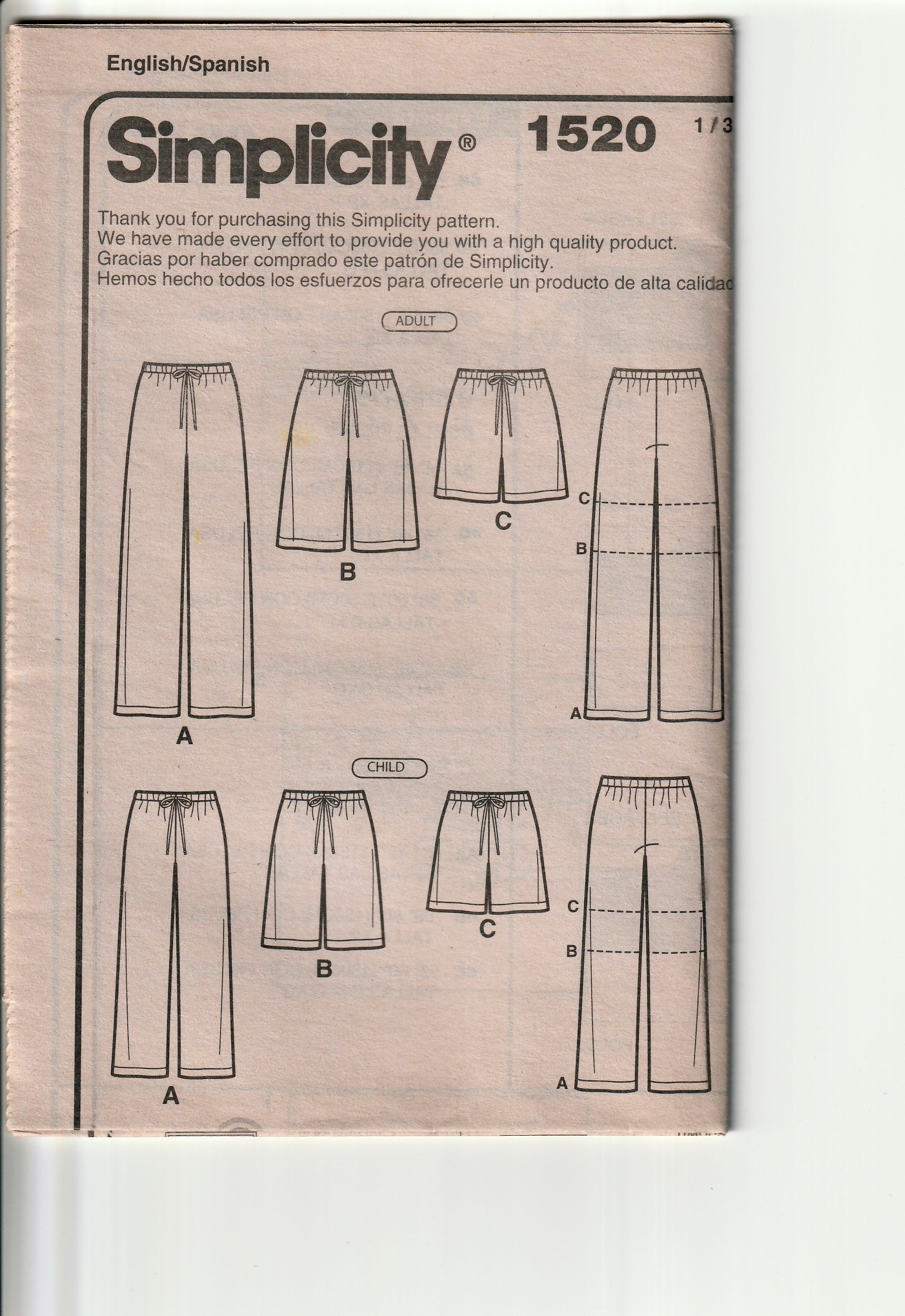 2013 Sewing Pattern Simplicity No 1520 Pants, Shorts for Family Size XS ...