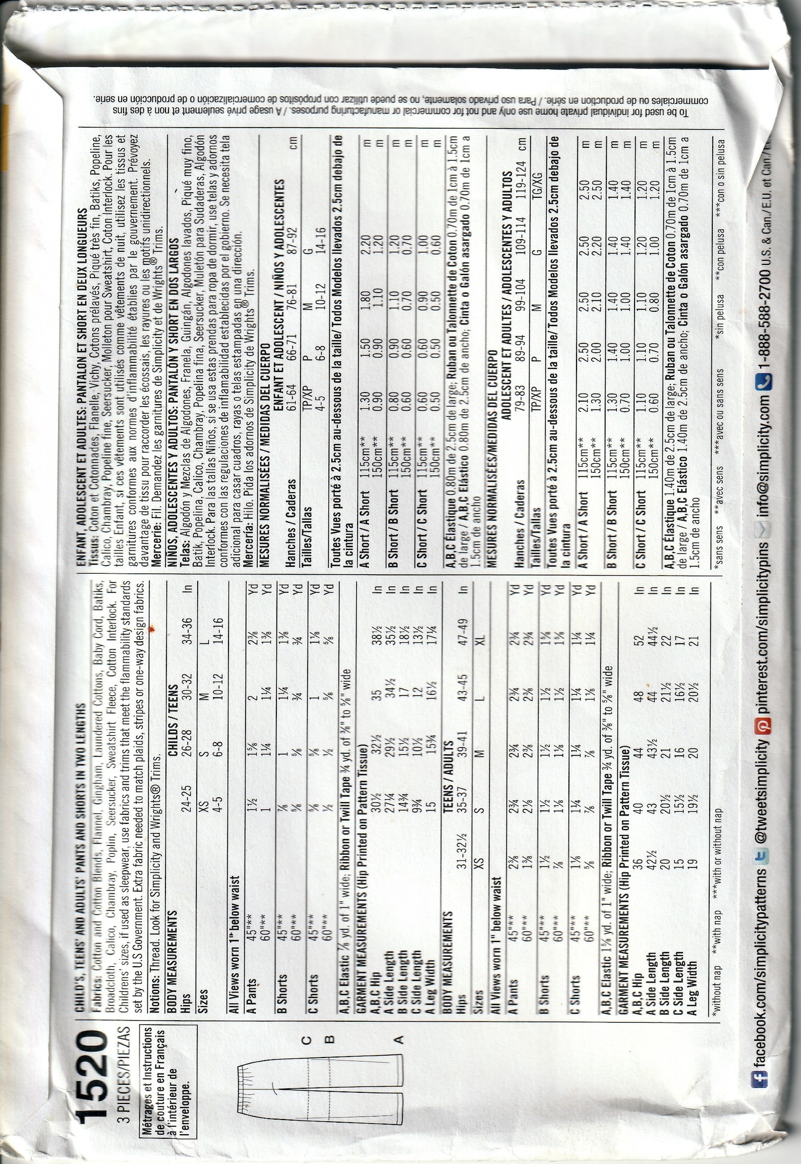2013 Sewing Pattern - Simplicity No 1520 Pants, Shorts for Family Size ...