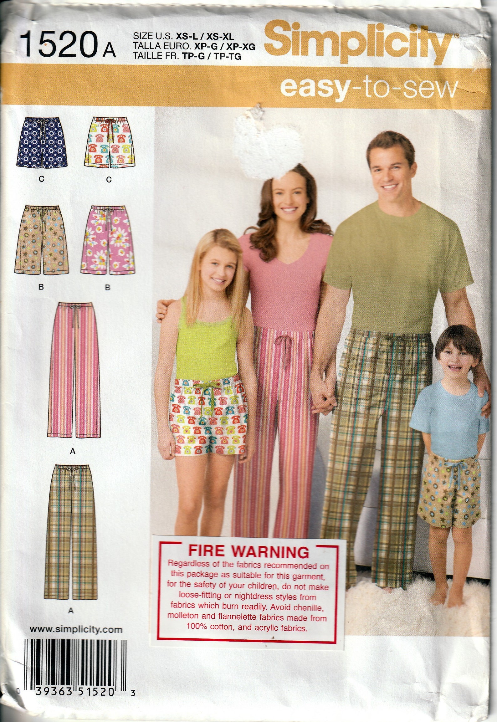 2013 Sewing Pattern Simplicity No 1520 Pants, Shorts for Family Size XS ...