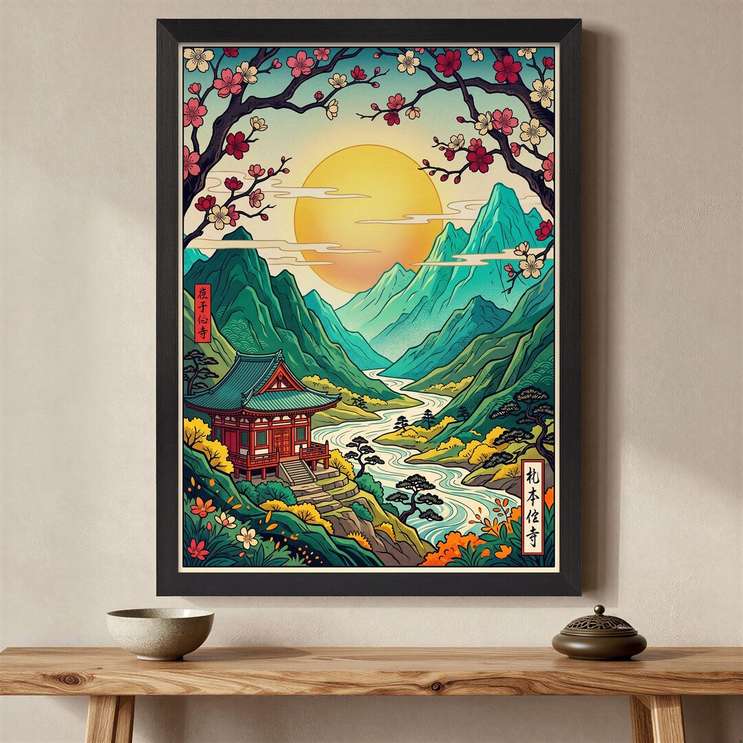 Traditional Japanese Cherry Blossom Print, Temple Mountain Sunset ...