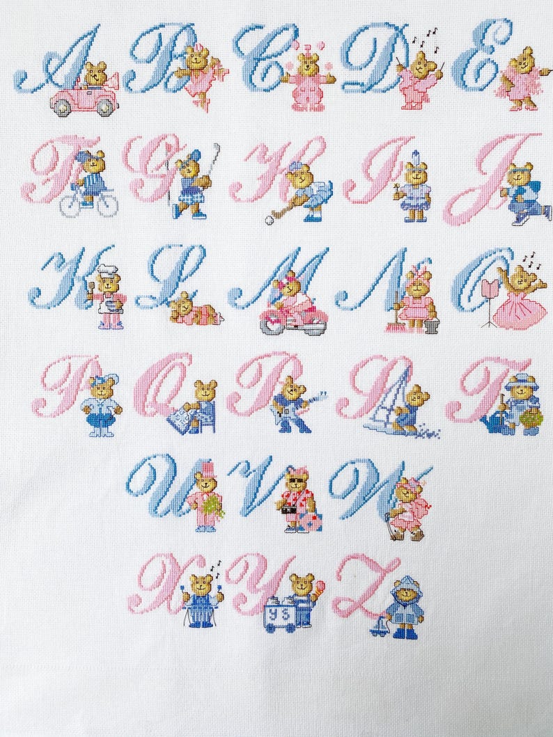 Vintage Completed Cross Stitch Alphabet Sampler - Teddy Bear ABC - Etsy