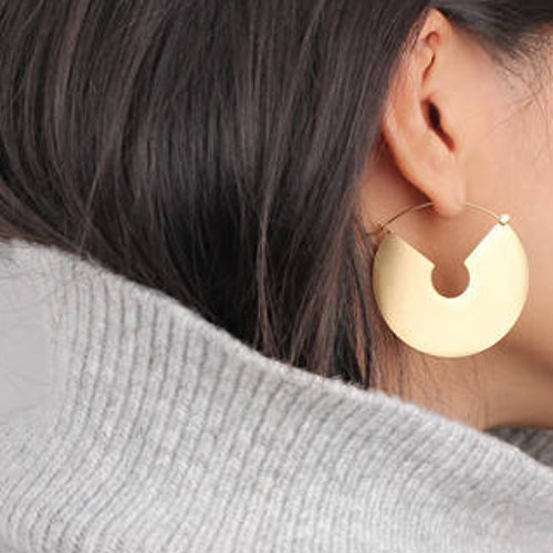 Hoop Disc Earrings Half Moon Earrings Gold Disc Earrings | Etsy