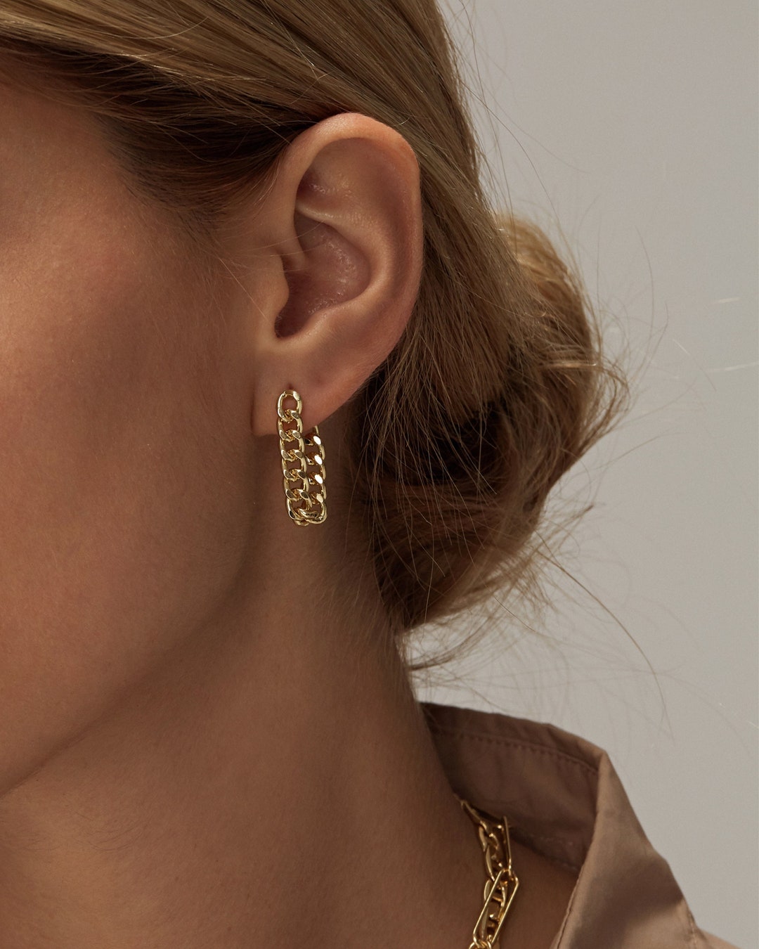 Curb Chain Hoops Gold Dangle Earrings Long Chain Earrings Stud Chain ...