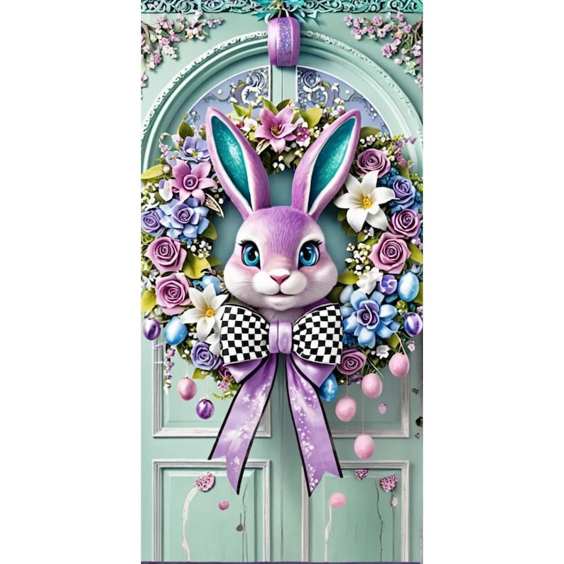 2D Easter Bunny Door Cover Banner, Egg Wreath Door Decoration ...